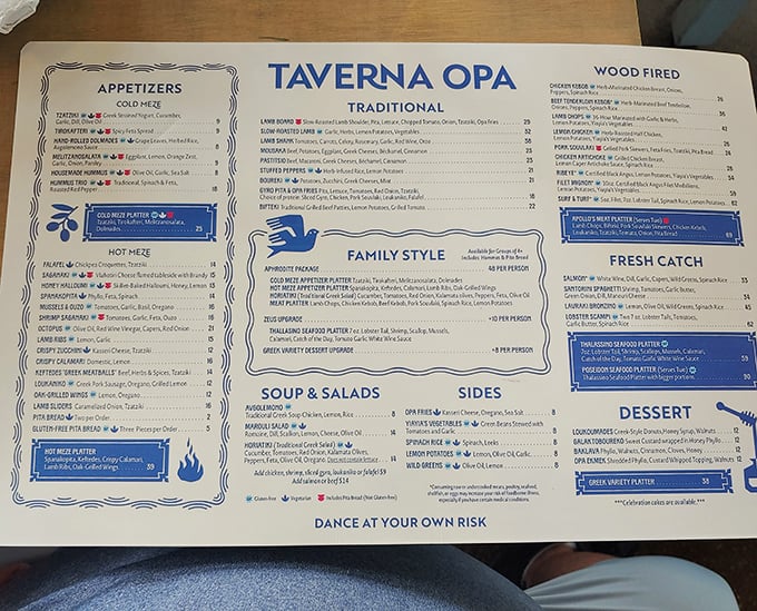 This isn't just a menu&mdash;it's a roadmap to culinary bliss. Note the "Dance At Your Own Risk" warning&mdash;they're not kidding about the festivities that await.