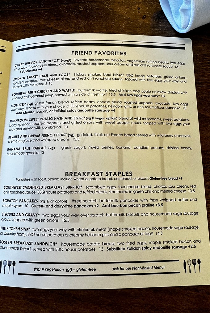 This menu reads like a love letter to breakfast enthusiasts. Choosing just one dish might be the hardest decision you'll make all day.