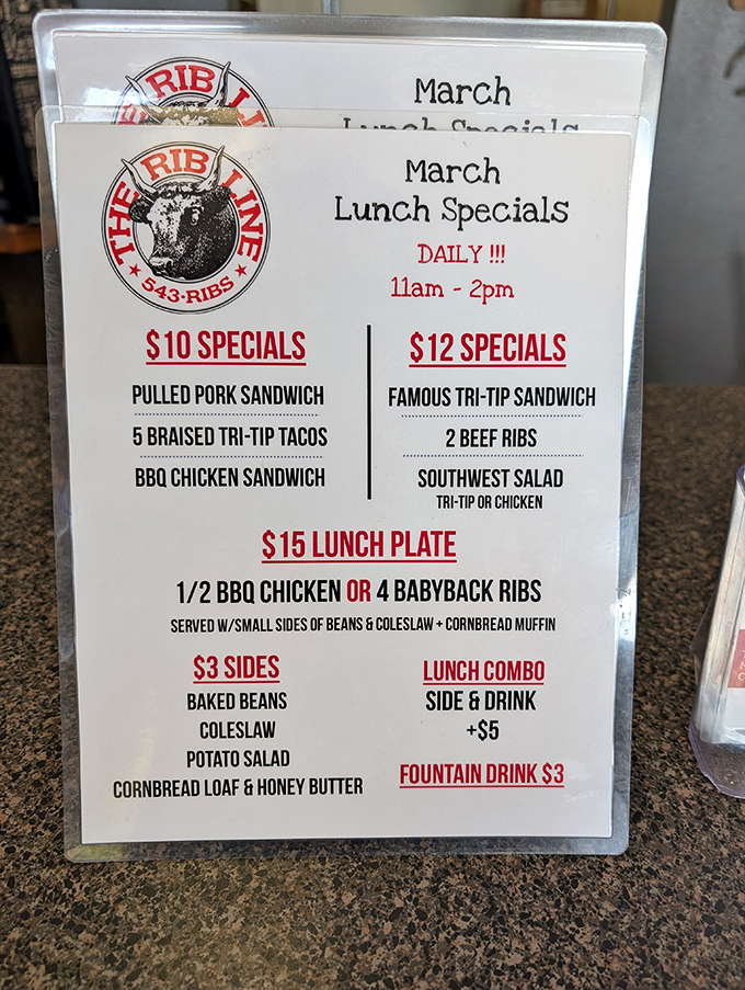 This menu reads like a love letter to meat lovers everywhere. The "Famous Tri-Tip Sandwich" isn't just marketing&mdash;it's a promise they keep with every bite.