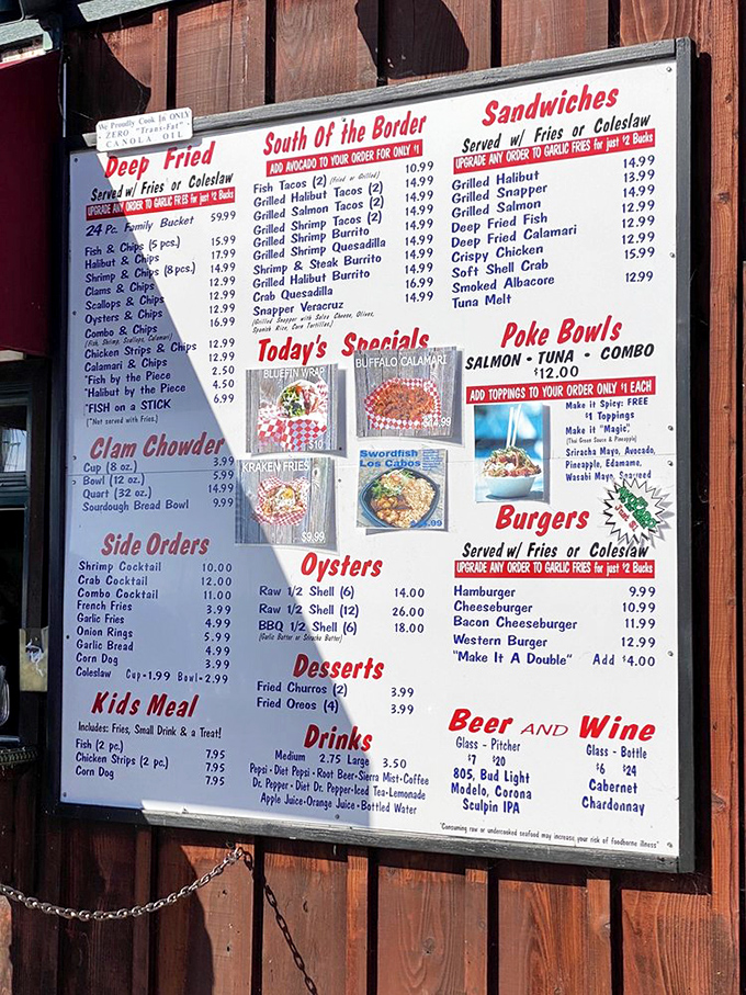 This menu board isn't just a list&mdash;it's a treasure map where X marks the spot for grilled halibut tacos and clam chowder bread bowls.