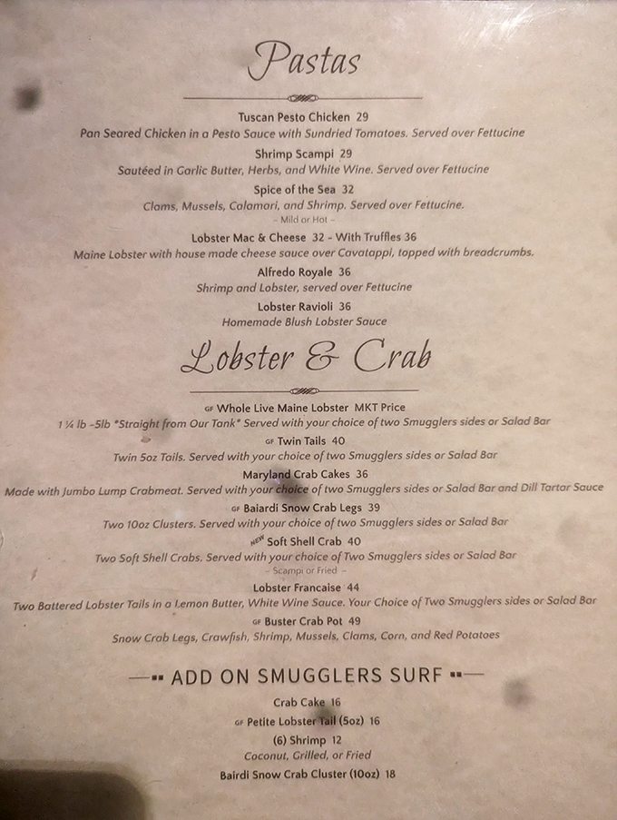This menu isn't just a list of dishes—it's a treasure map where X marks the spot for "Lobster & Crab" glory.