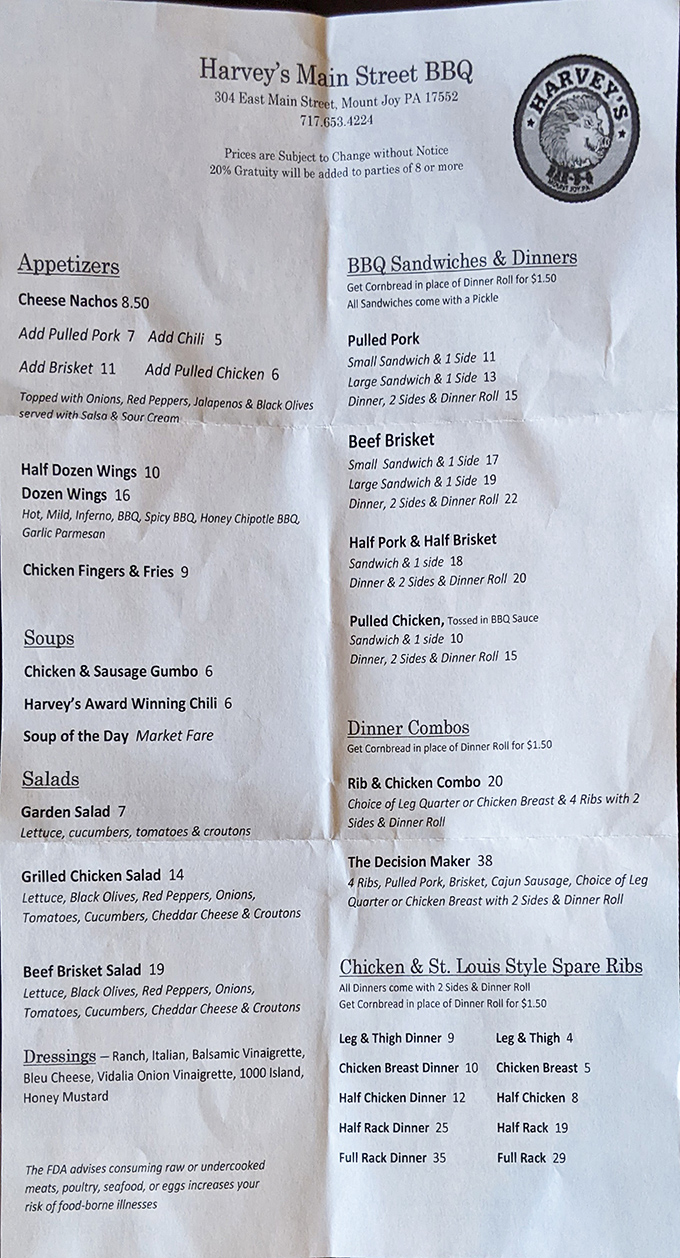 A menu that doesn't need fancy descriptions &ndash; just straightforward barbecue excellence with options that'll make decision-making your toughest challenge of the day.