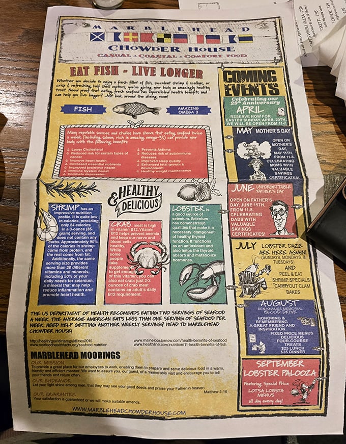 This isn't just a menu&mdash;it's an educational seafood manifesto that might actually convince you fish is brain food. The colorful placemat doubles as entertainment.