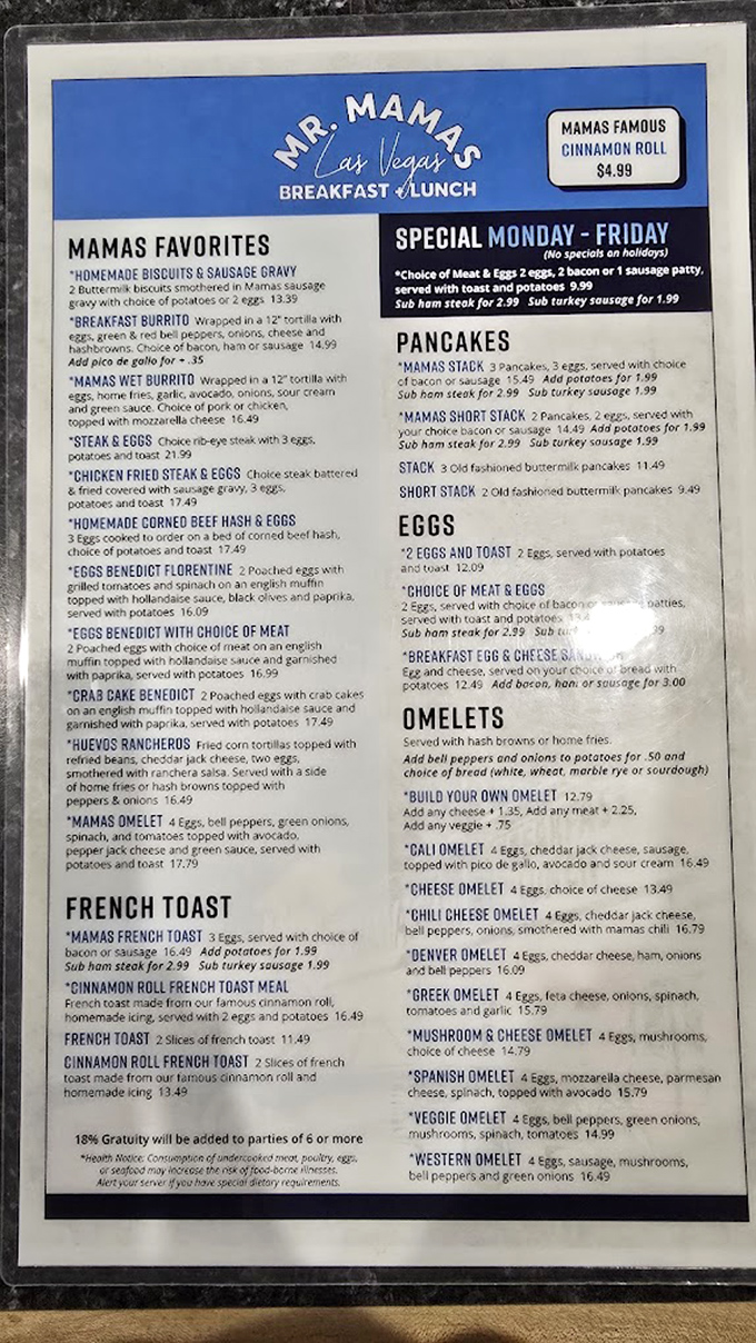 A menu that reads like a love letter to breakfast classics. Decision paralysis has never been so delicious.