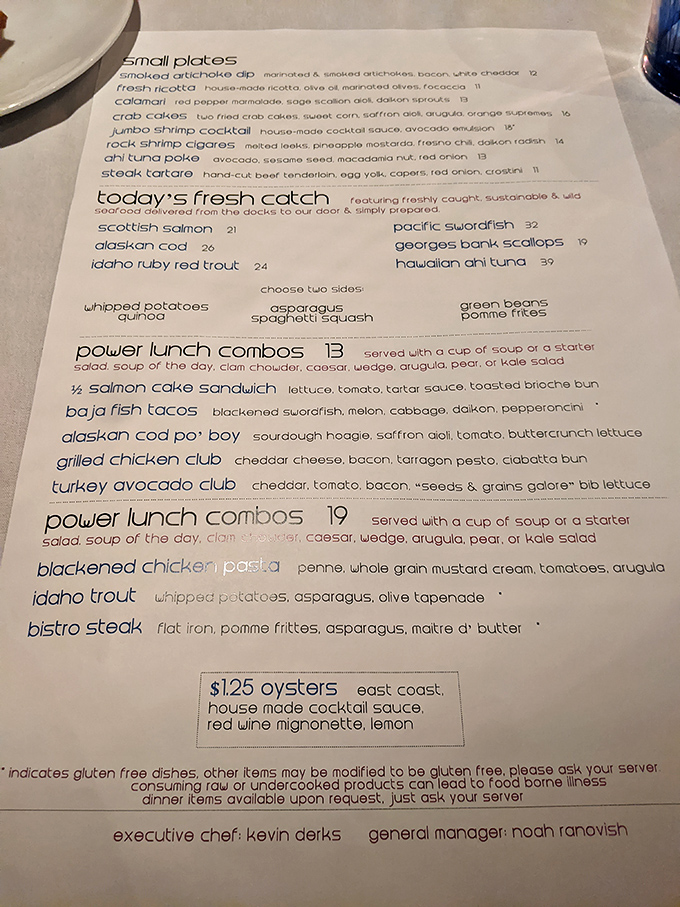 This menu reads like a love letter to the ocean. The "Today's Fresh Catch" section will make you forget you're 700 miles inland.