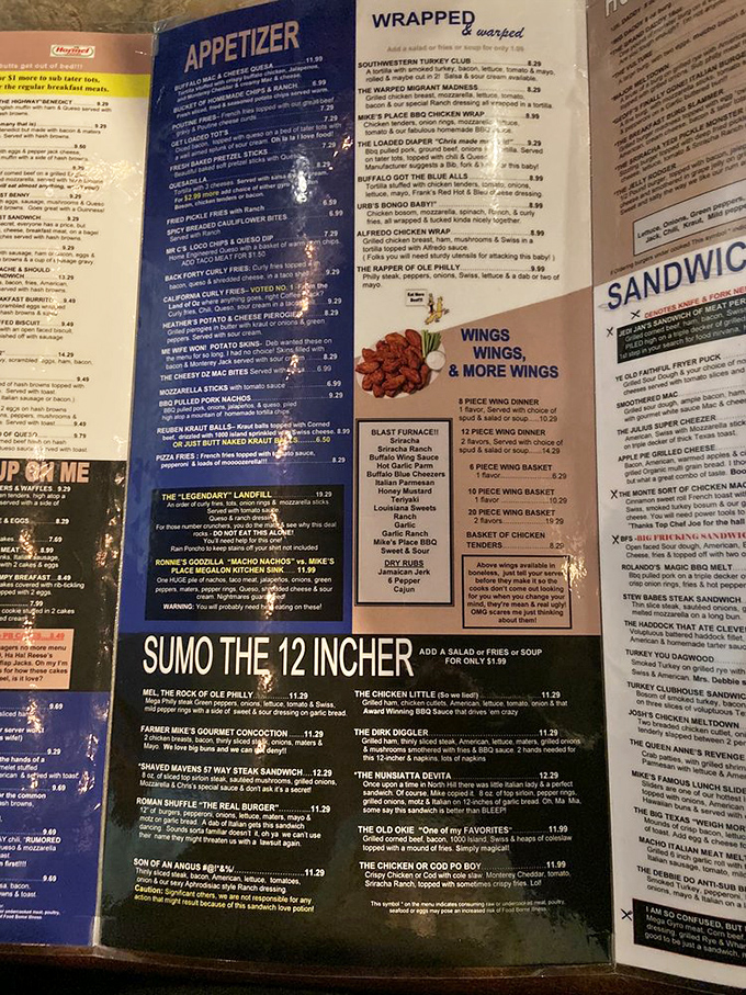 The menu at Mike's Place isn't just extensive&mdash;it's practically a novella of culinary possibilities that might require reading glasses and a game plan.