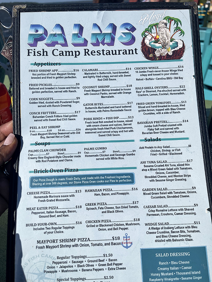 The menu reads like a love letter to Florida seafood &ndash; Mayport shrimp, conch fritters, and brick oven pizzas that would make even a mermaid swim ashore.