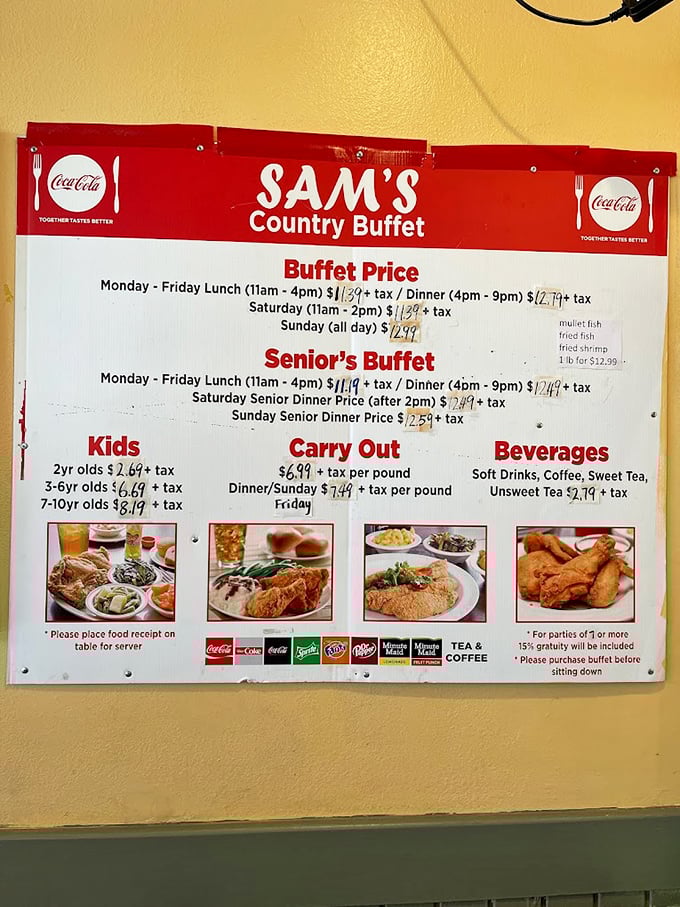 The menu board tells the whole story: this is a place that understands the hierarchy of needs, with seniors and kids getting their own special consideration.