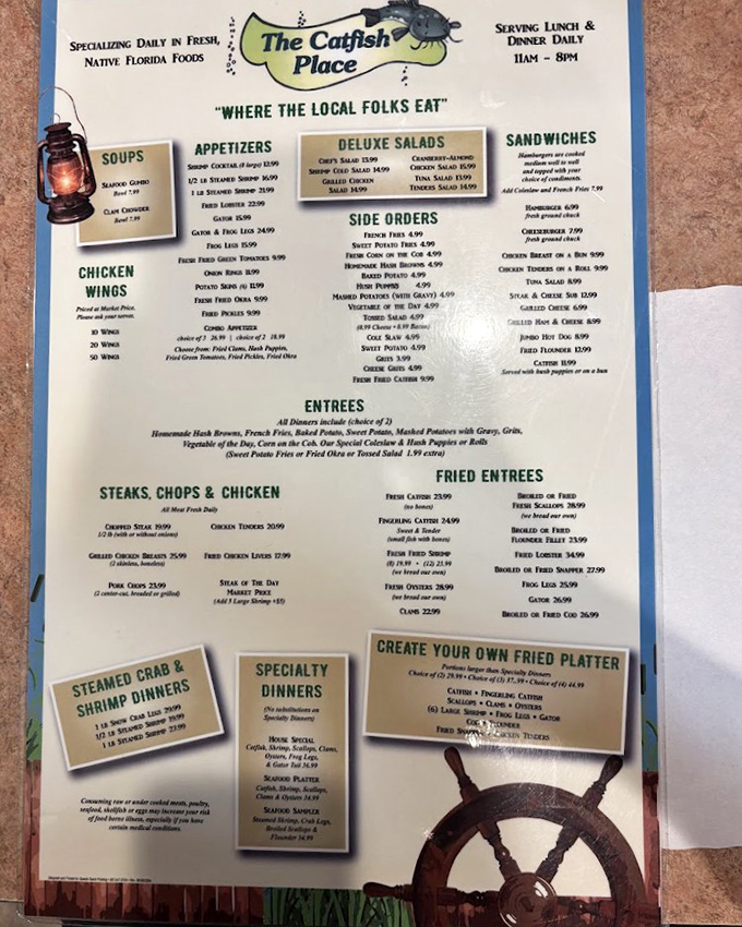 The menu reads like a love letter to Southern seafood traditions, with "Where the Local Folks Eat" serving as both slogan and seal of approval.