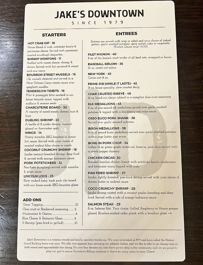 A menu that reads like poetry to carnivores. Notice how your eyes immediately gravitated to "PRIME RIB" &ndash; that's not an accident.