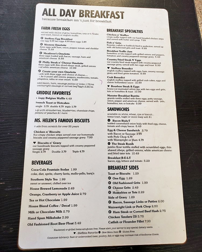 The menu reads like a love letter to Southern breakfast traditions. "All day breakfast" might be the three most beautiful words in the English language.