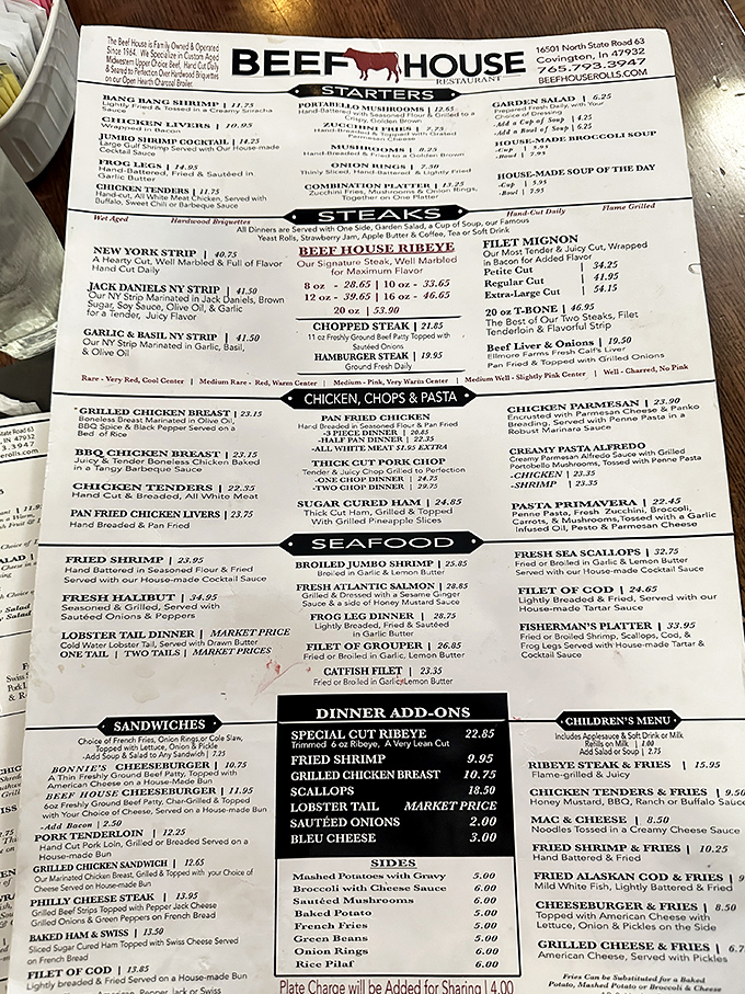 A menu that reads like a love letter to carnivores, with the signature Beef House Ribeye taking center stage in this meaty masterpiece.