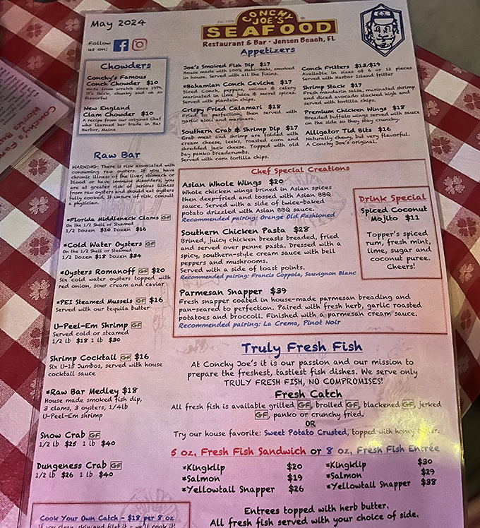 This menu isn't just a list of dishes—it's a treasure map to seafood nirvana. X marks the spot at "Truly Fresh Fish."