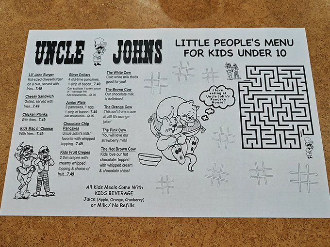 The kids' menu doubles as entertainment&mdash;because nothing says "family restaurant" like keeping the little ones occupied until pancakes arrive.