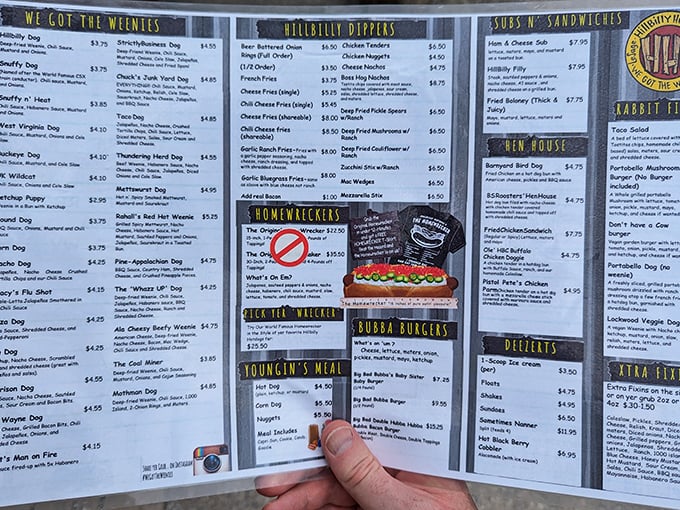 The menu at Hillbilly Hot Dogs reads like a love letter to processed meat. With names like "The Homewrecker," these aren't just hot dogs&mdash;they're challenges.