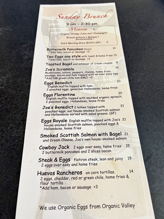 This brunch menu reads like a love letter to morning indulgence&mdash;notice how they proudly source organic eggs? That's no small detail.