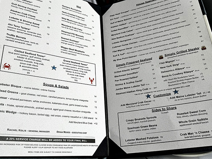 A menu that reads like seafood poetry. Each description promises a maritime adventure that makes you wonder why you ever settled for frozen fish sticks.