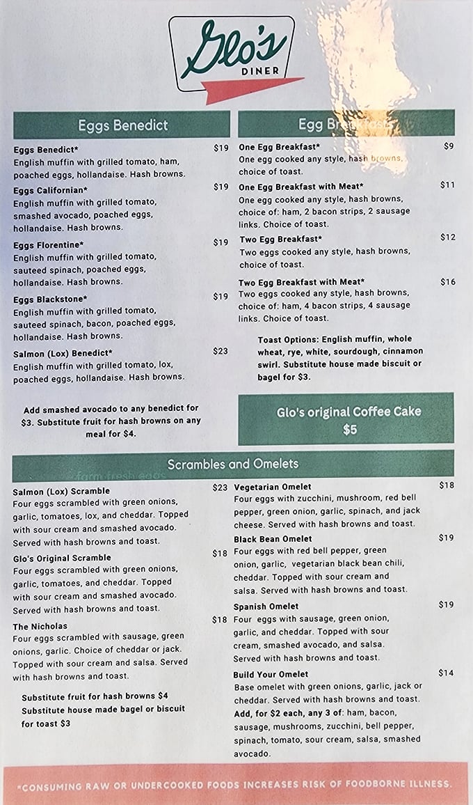 The Benedict section of Glo's menu reads like poetry to breakfast lovers. Five variations of perfection, each promising a different path to hollandaise heaven.