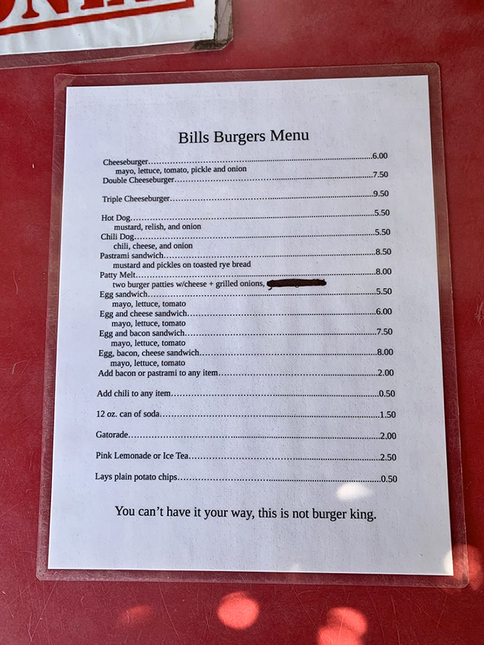 The menu speaks volumes with its final declaration: "You can't have it your way, this is not burger king." Burger democracy ends here.