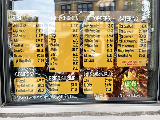 A menu board that reads like poetry to hungry souls. Notice how "Lem's Bar-B-Q Sauce" gets its own special section&mdash;priorities, people!