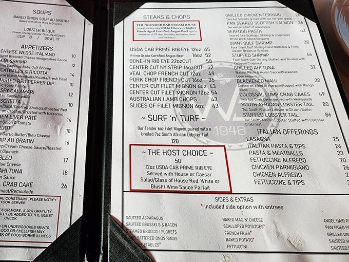 The menu reads like a carnivore's dream journal, with the ribeye section highlighted as if to say, "Look no further, friend."