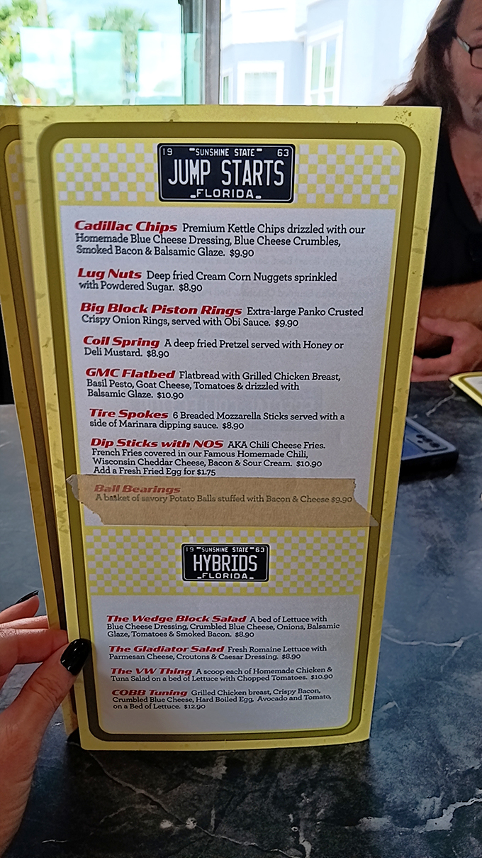 This isn't just a menu&mdash;it's automotive poetry. "Jump Starts" and "Lug Nuts" aren't car problems here; they're delicious solutions to hunger emergencies.