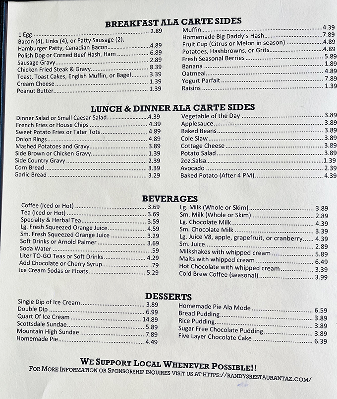 This menu isn't just a list of food—it's a roadmap to happiness with breakfast served all day and desserts that deserve their own zip code.