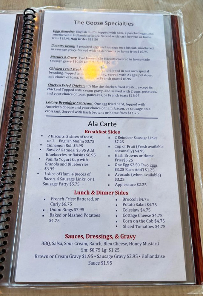 The menu reads like a comfort food love letter. Notice the chicken fried steak sitting proudly among the "Goose Specialties" &ndash; a star that knows its worth.