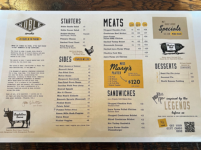 This menu isn't just a list of food&mdash;it's a roadmap to regional barbecue bliss, with Miss Mary's Platter standing by as your delicious tour guide.