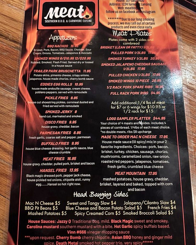 A menu that reads like poetry to carnivores. Each item promises a different path to smoked meat nirvana, with clever names that are almost as satisfying as the dishes themselves.