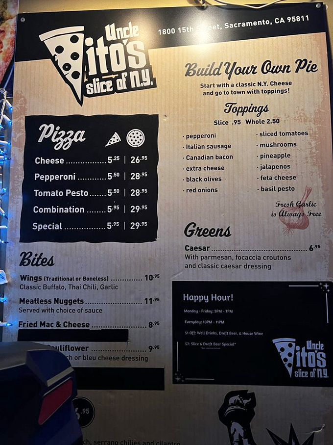 A menu that cuts straight to the chase—no fancy descriptions needed when the pizza speaks this eloquently for itself.