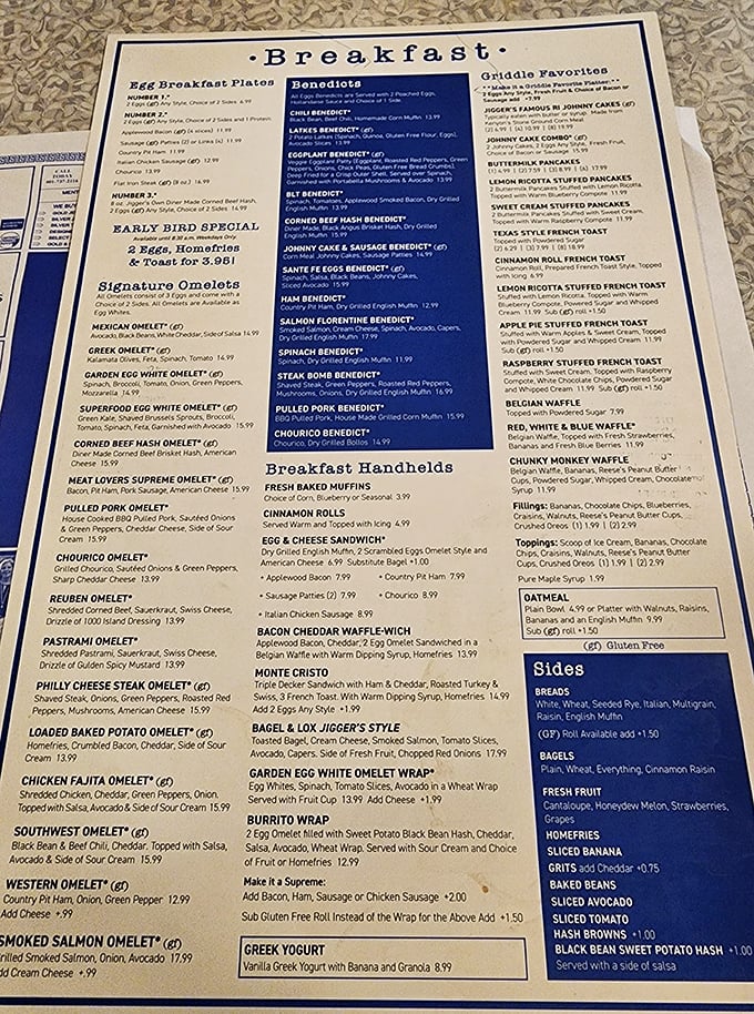 A menu that reads like poetry to the breakfast-obsessed. Each line promises comfort wrapped in calories worth every bite.
