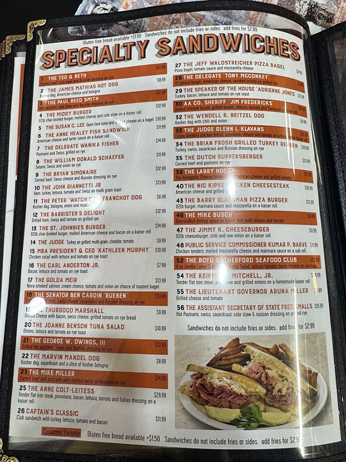 The menu reads like a who's who of Maryland politics, with sandwiches named after everyone from judges to delegates. Democracy never tasted so good!