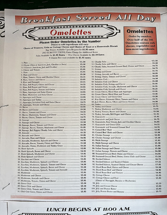 Behold the legendary menu: 101 omelettes numbered for your ordering convenience and breakfast decision-making sanity.