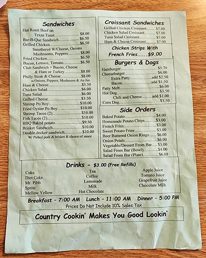 This menu promises "Country Cookin' Makes You Good Lookin'," which might be optimistic but definitely sounds delicious.