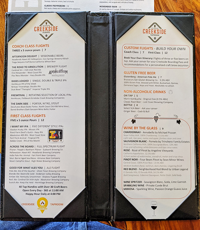 The beer menu at Creekside reads like a love letter to craft brewing. With flight names like "The Road to Absolution," choosing becomes a delightful dilemma.