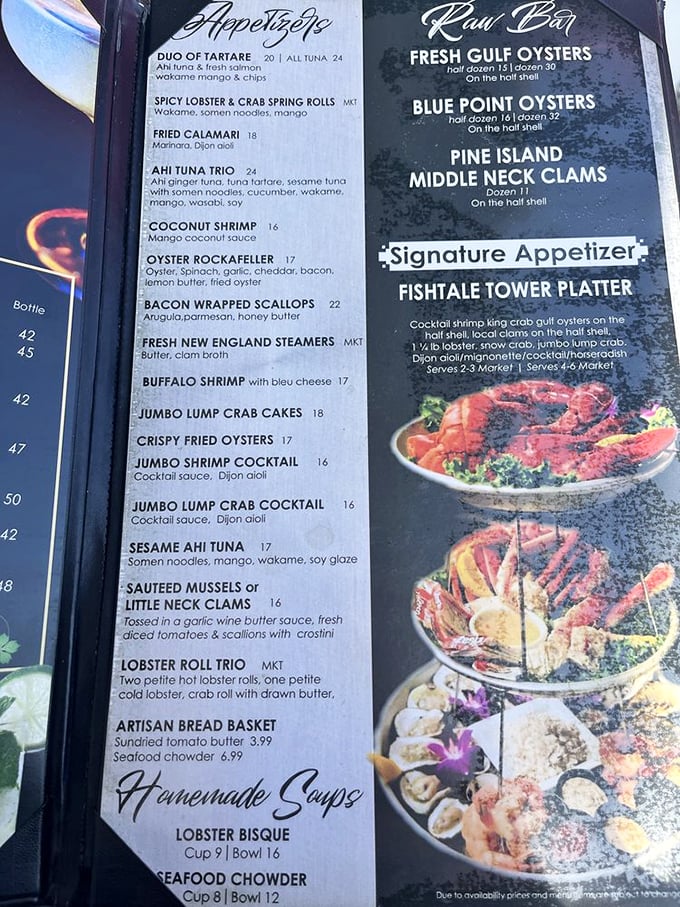 This menu isn't just a list—it's a treasure map where X marks the spot for seafood nirvana. The Fishtale Tower Platter is basically Neptune's personal buffet.