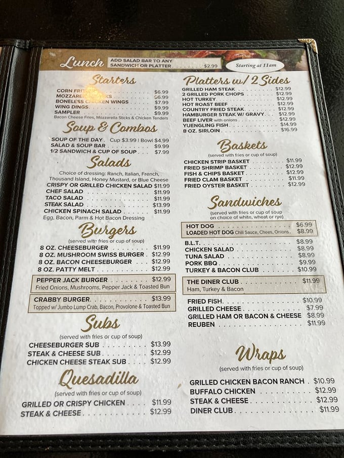 A menu that reads like a comfort food manifesto. Notice how your eyes instinctively gravitate toward the burgers and platters?