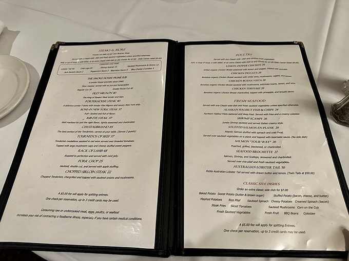 The menu reads like a greatest hits album of American steakhouse classics, each dish carrying the weight of decades of culinary tradition.