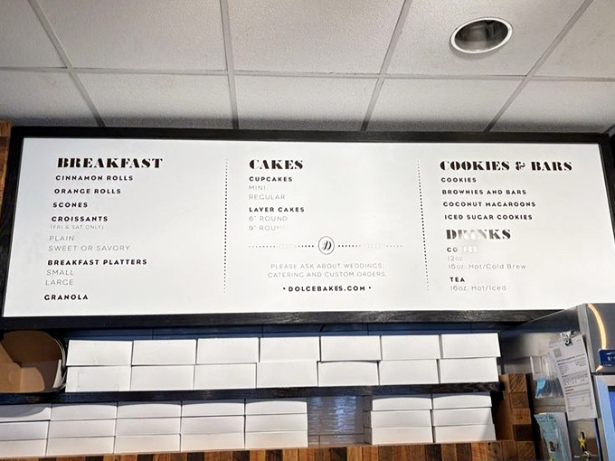 The menu board tells no lies: breakfast pastries, cakes, cookies, and bars. Simple perfection doesn't need fancy descriptions or elaborate promises.