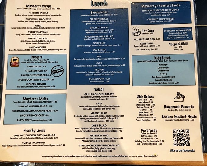 A menu that reads like comfort food poetry&mdash;where "Mayberry Melts" and "Comfort Foods" aren't just categories, they're promises kept with every order.