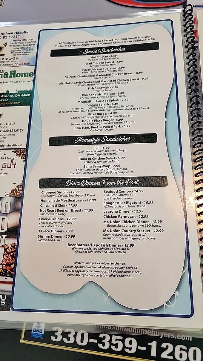 This isn't just a menu&mdash;it's a roadmap to happiness. The "Diner Dinners From the Past" section promises the kind of comfort your grandmother would approve of.