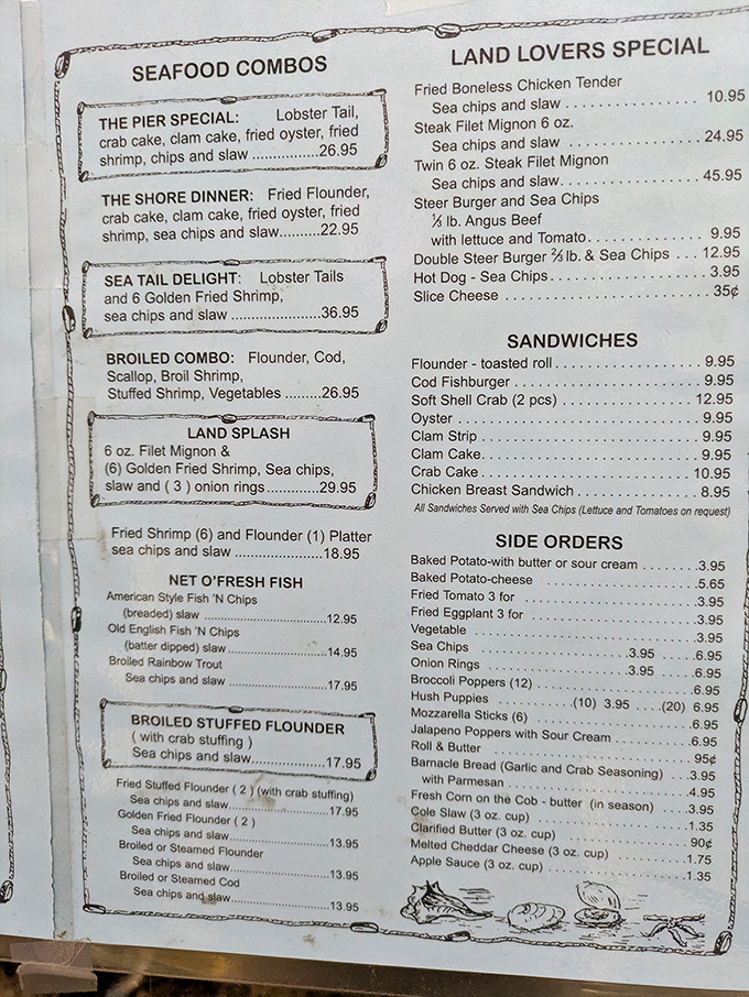 This menu reads like a love letter to seafood classics. The "Pier Special" isn't just a meal&mdash;it's a maritime celebration on a plate.