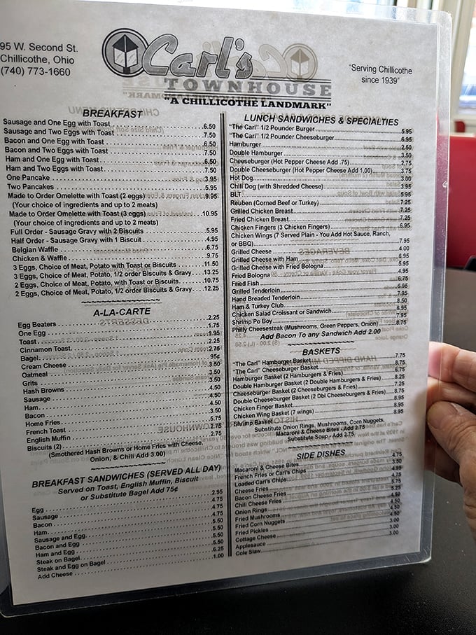 A menu that doesn't need a translator or a second mortgage. "The Carl" cheeseburger beckons from the right column like an old friend. 