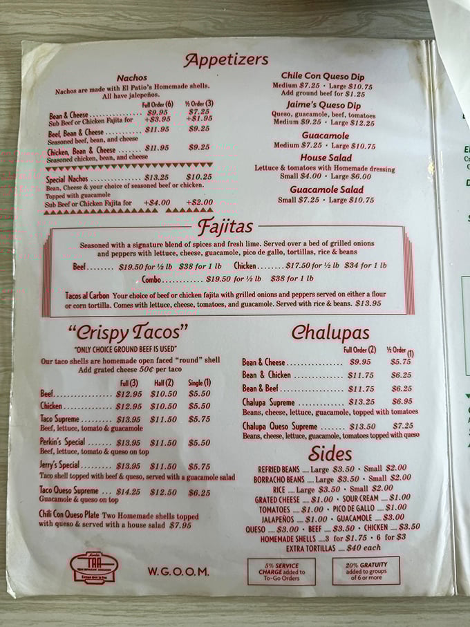 A menu that hasn't changed because it doesn't need to&mdash;like finding the original manuscript of your favorite novel. Those "Crispy Tacos" aren't just food; they're edible history.