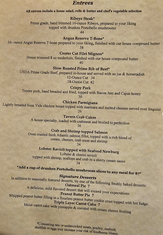 The menu reads like a greatest hits album of American comfort food, with prime rib taking center stage.