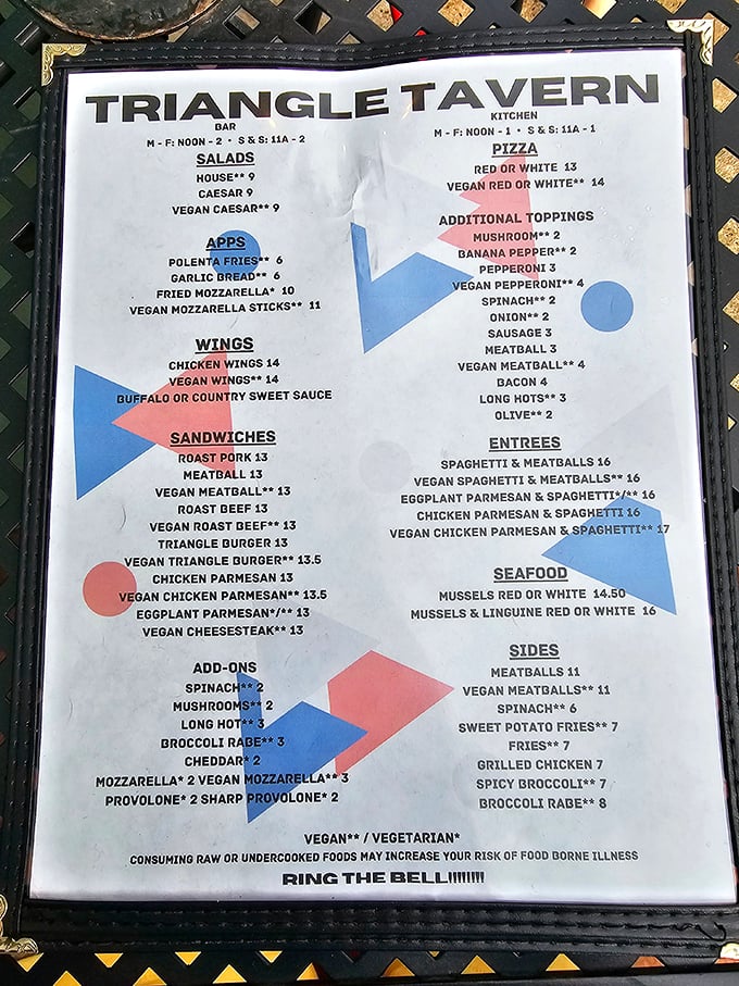 A menu that speaks Philadelphia's language fluently. From classic cheesesteaks to vegan alternatives, Triangle Tavern refuses to make anyone feel left out.