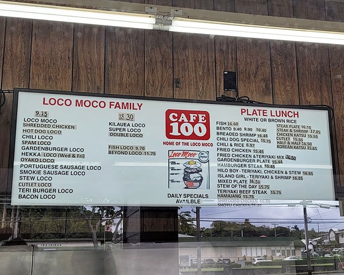 The menu board reads like a love letter to the Loco Moco, with variations that would make a food scientist blush with admiration.