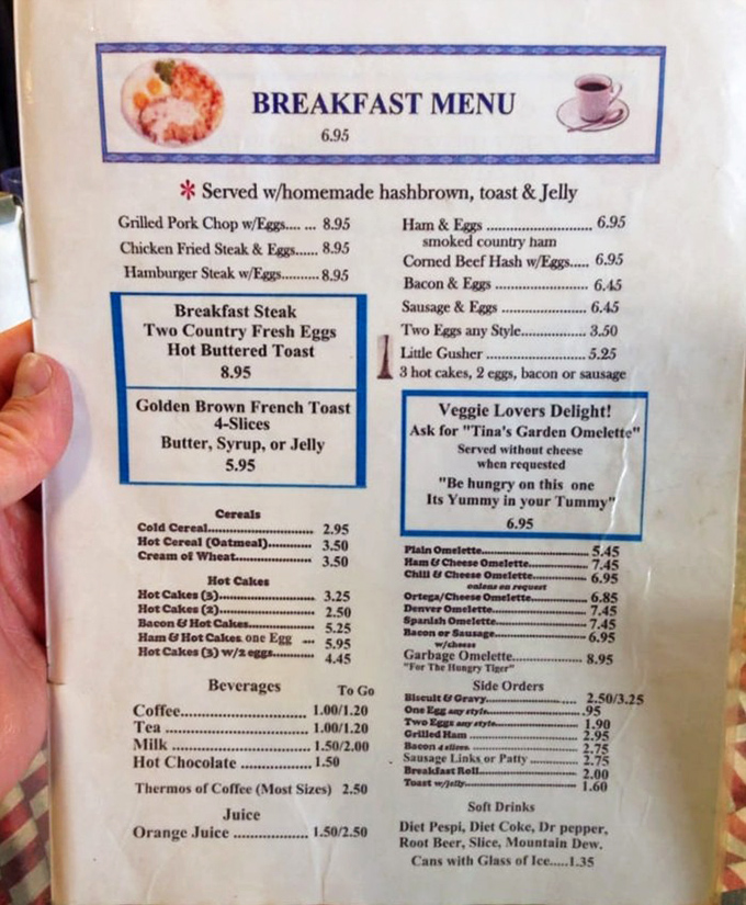 This menu isn't just a list of food&mdash;it's a roadmap to happiness. The "Garbage Omelette" might sound questionable, but trust me, it's treasure.