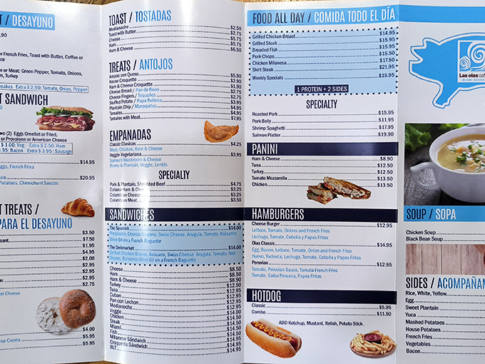 The menu board reads like a love letter to Cuban cuisine, offering everything from empanadas to Cuban sandwiches and hearty breakfast plates.